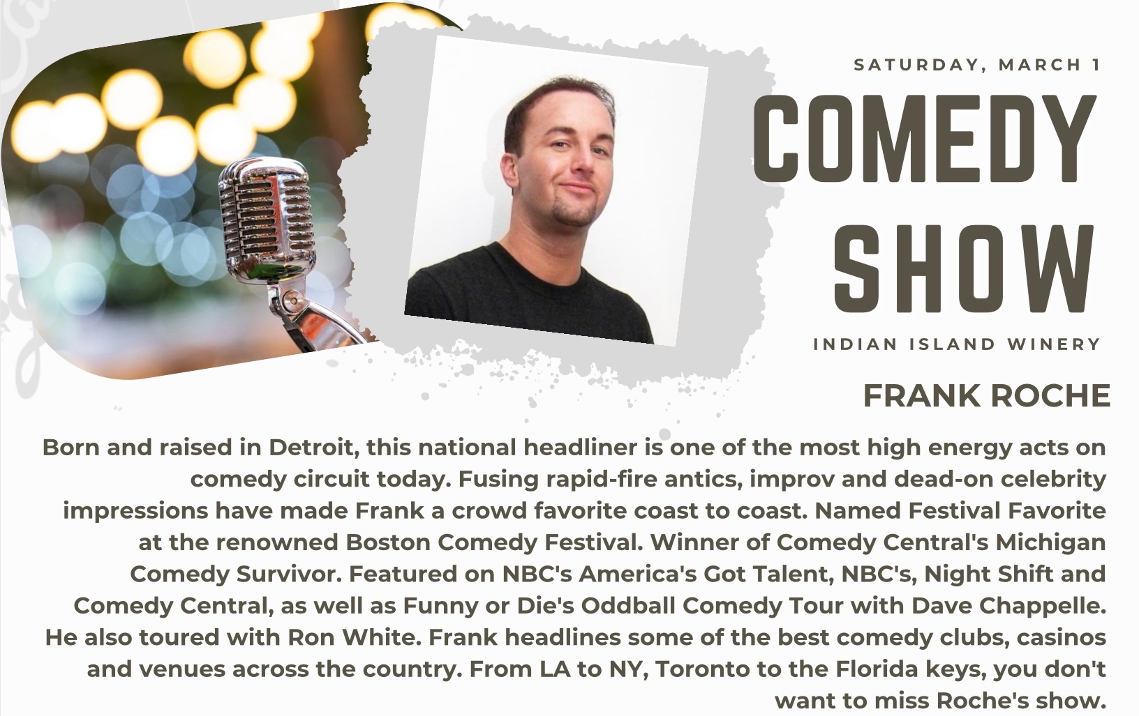 Comedy Night with Frank Roche Tickets | Indian Island Winery